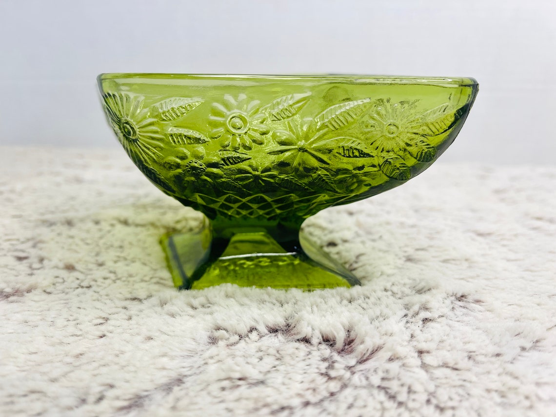 Indiana Glass Candy Nut Dish Olive Green Pedestal Floral Pattern ...