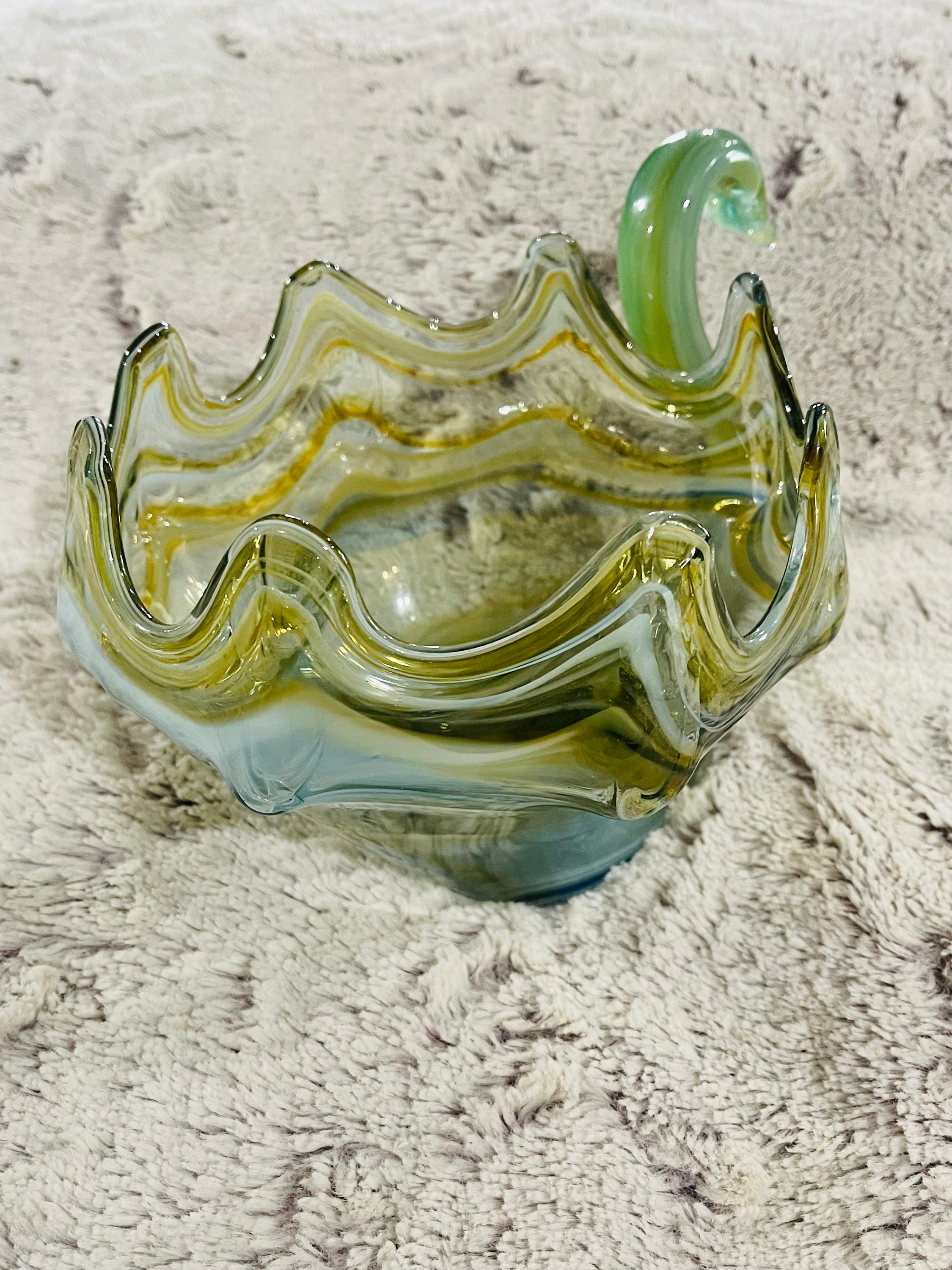 Large Slag Glass Hand Blown Swan Bowl Murano Style Glass Swan Green ...