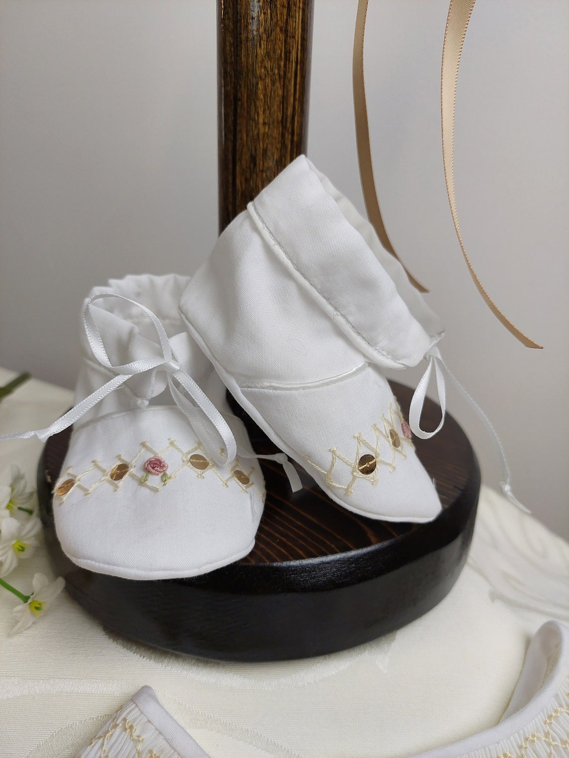 Fancy Baby Dress Booties, White Cotton Infant Shoes, Hand Embroidered ...