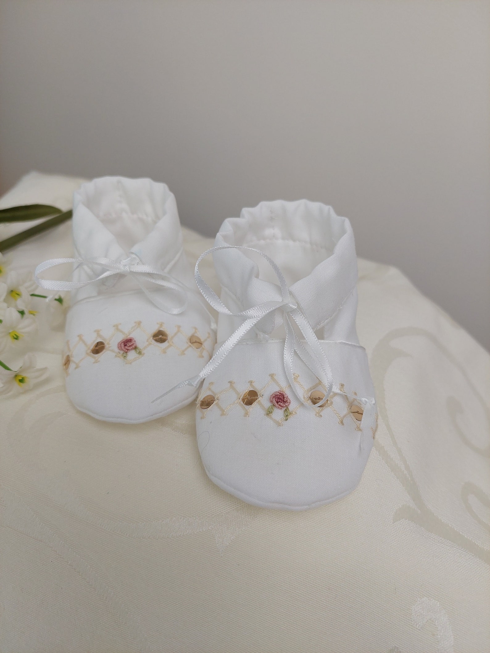 Fancy Baby Dress Booties, White Cotton Infant Shoes, Hand Embroidered ...