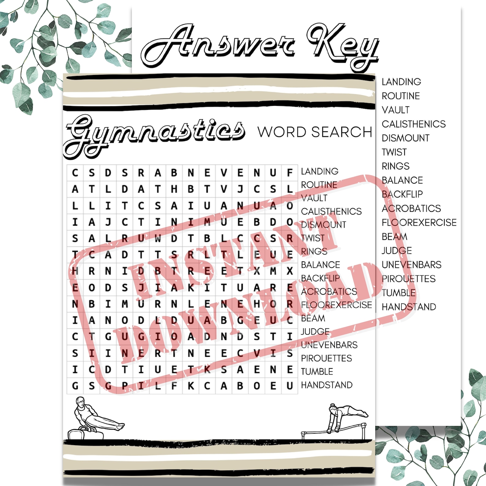 Gymnastics Word Search Puzzle Game, - Etsy