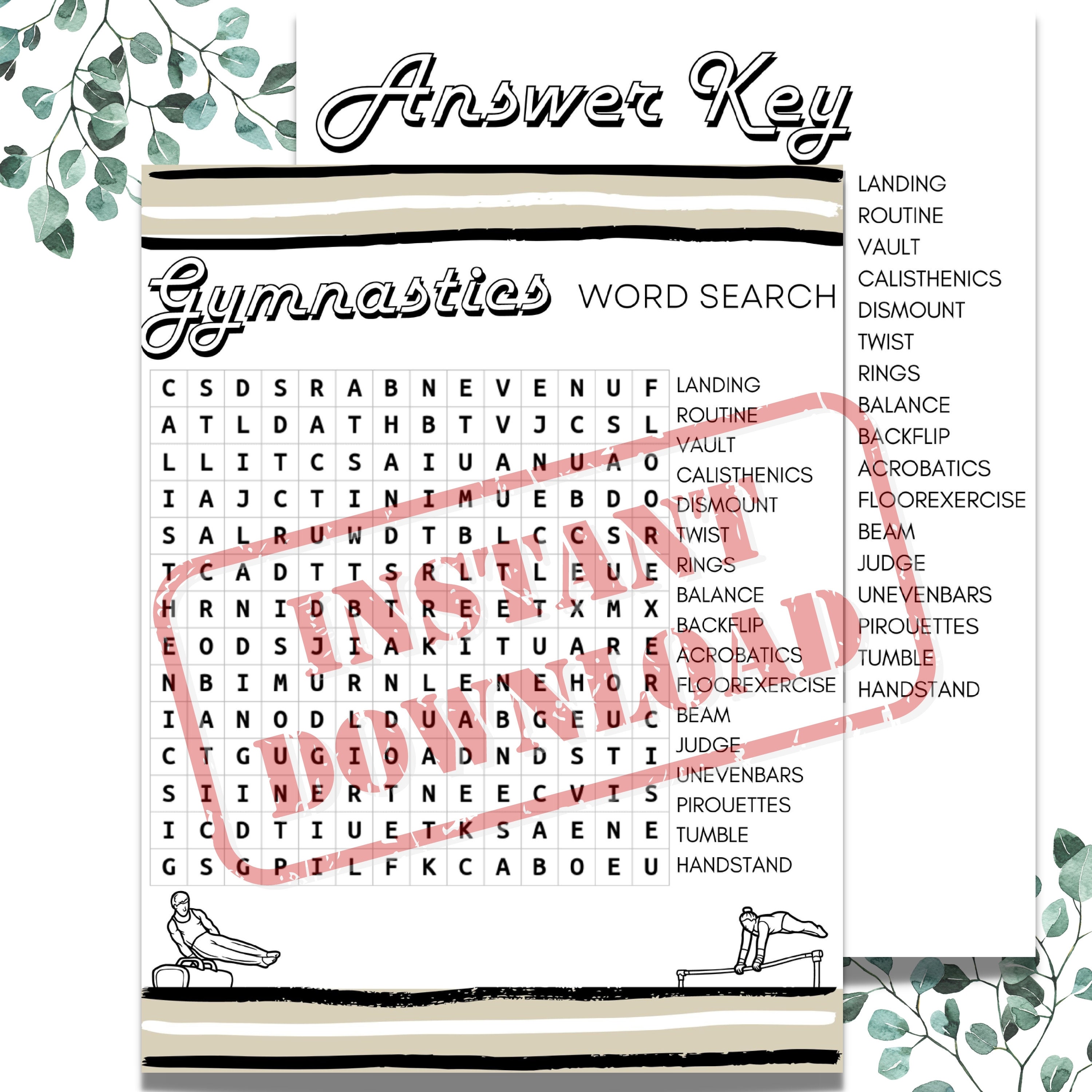 Gymnastics Word Search Puzzle Game, - Etsy