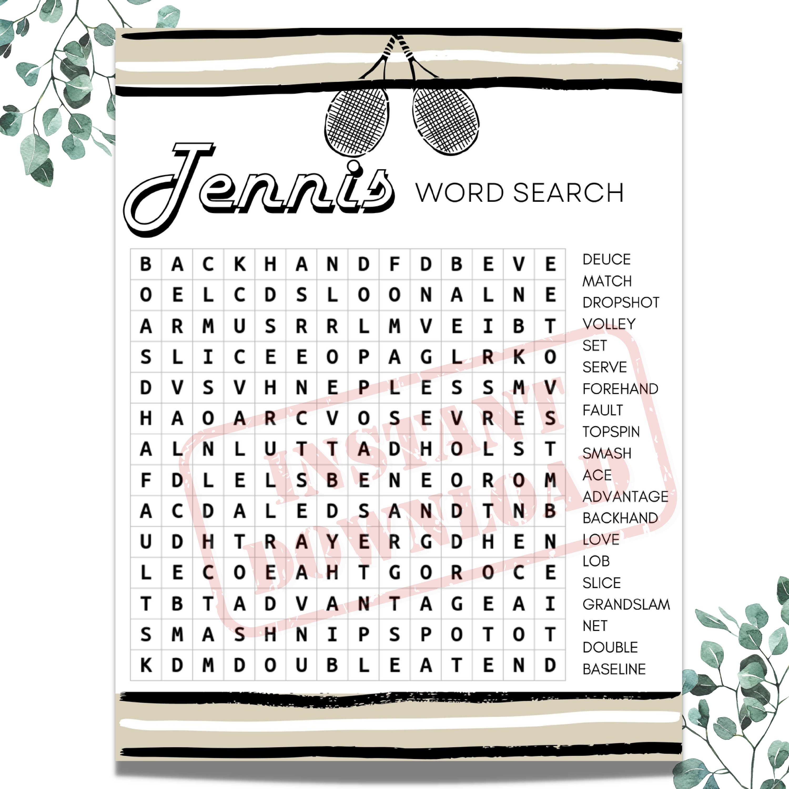 Tennis Word Search Puzzle Game Tennis Word Search Printable - Etsy