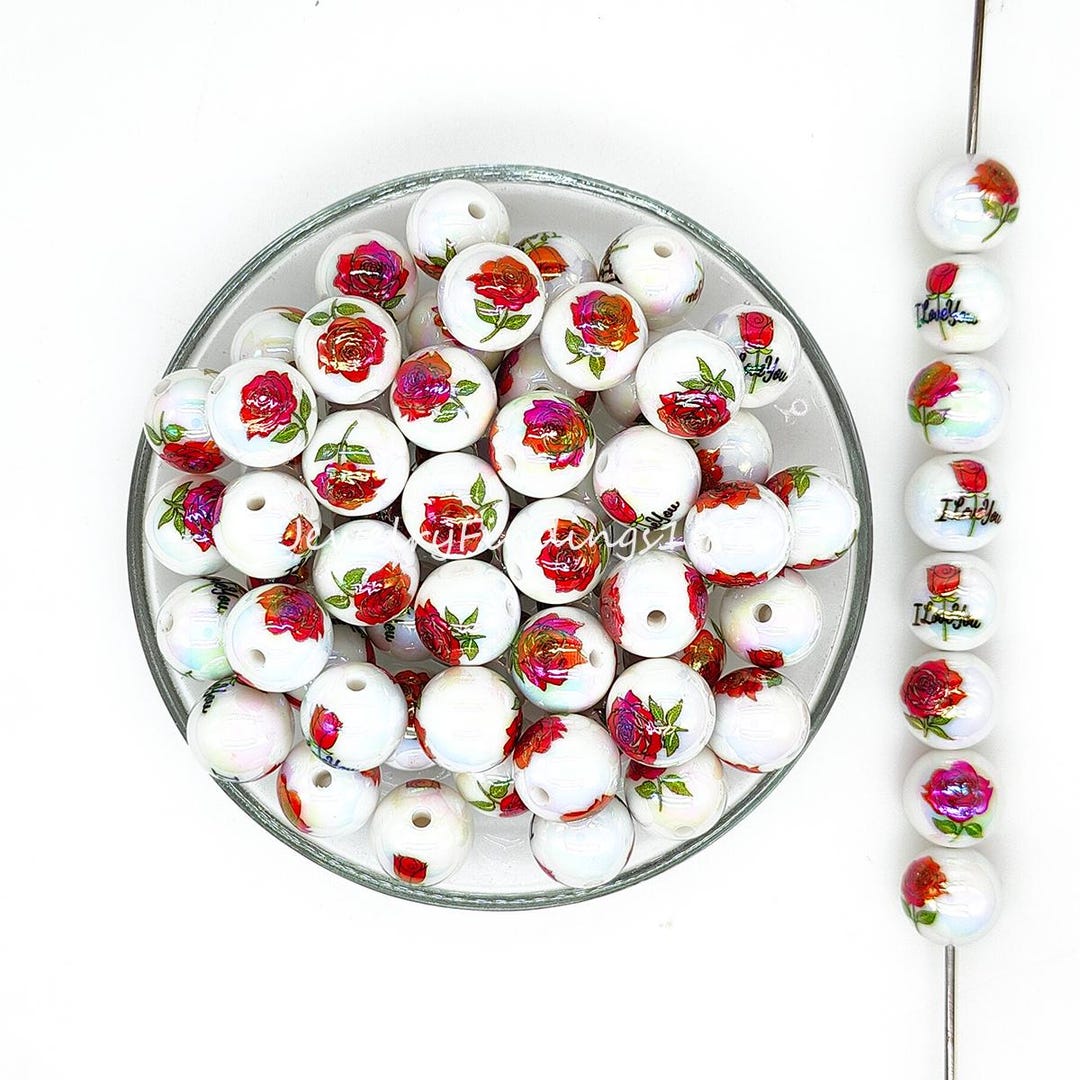16mm Rose Flower Print Gumball Acrylic Beads,valentine's Day Beads ...