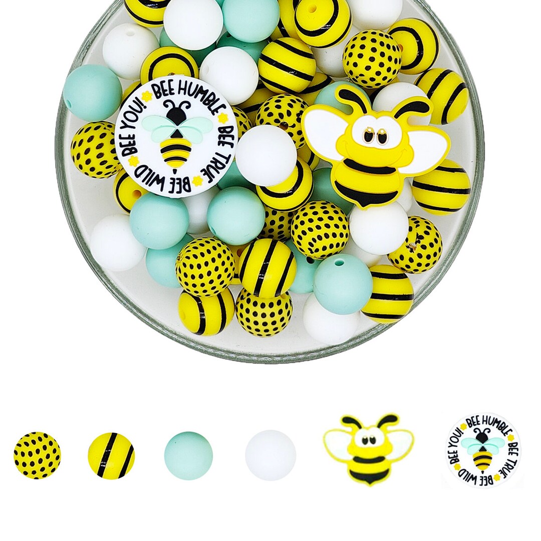 Bee Focal Beads,15mm Round Beads Mix,assorted Bee Beads,silicone Beads ...