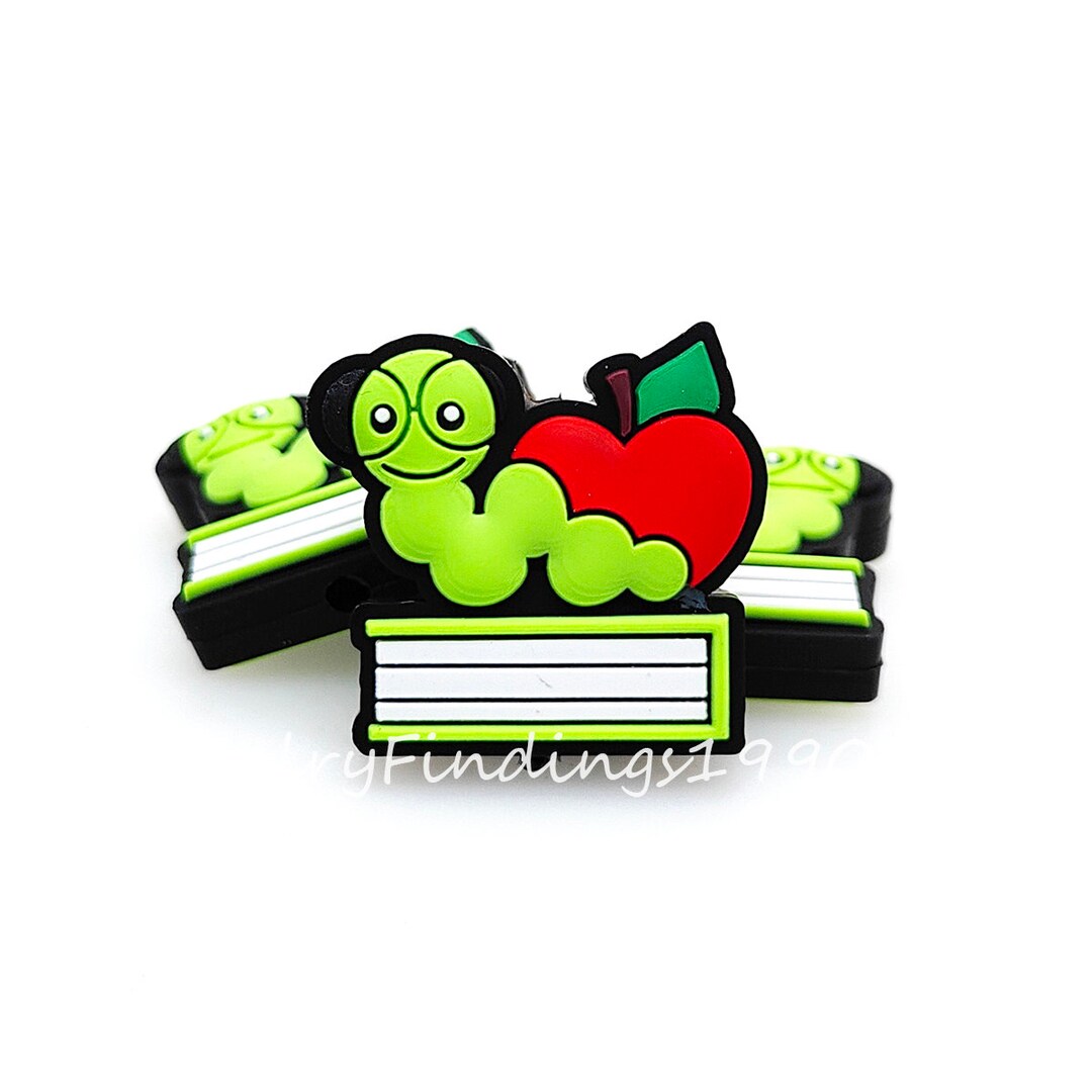 Book Worm Focal Silicone Beads, Teacher Beads, Book Apple Silicone ...