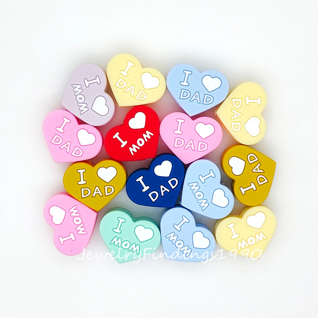 1 - 50pcs I Love Mom/dad Silicone Beads, Heart Shapes Silicone Beads ...