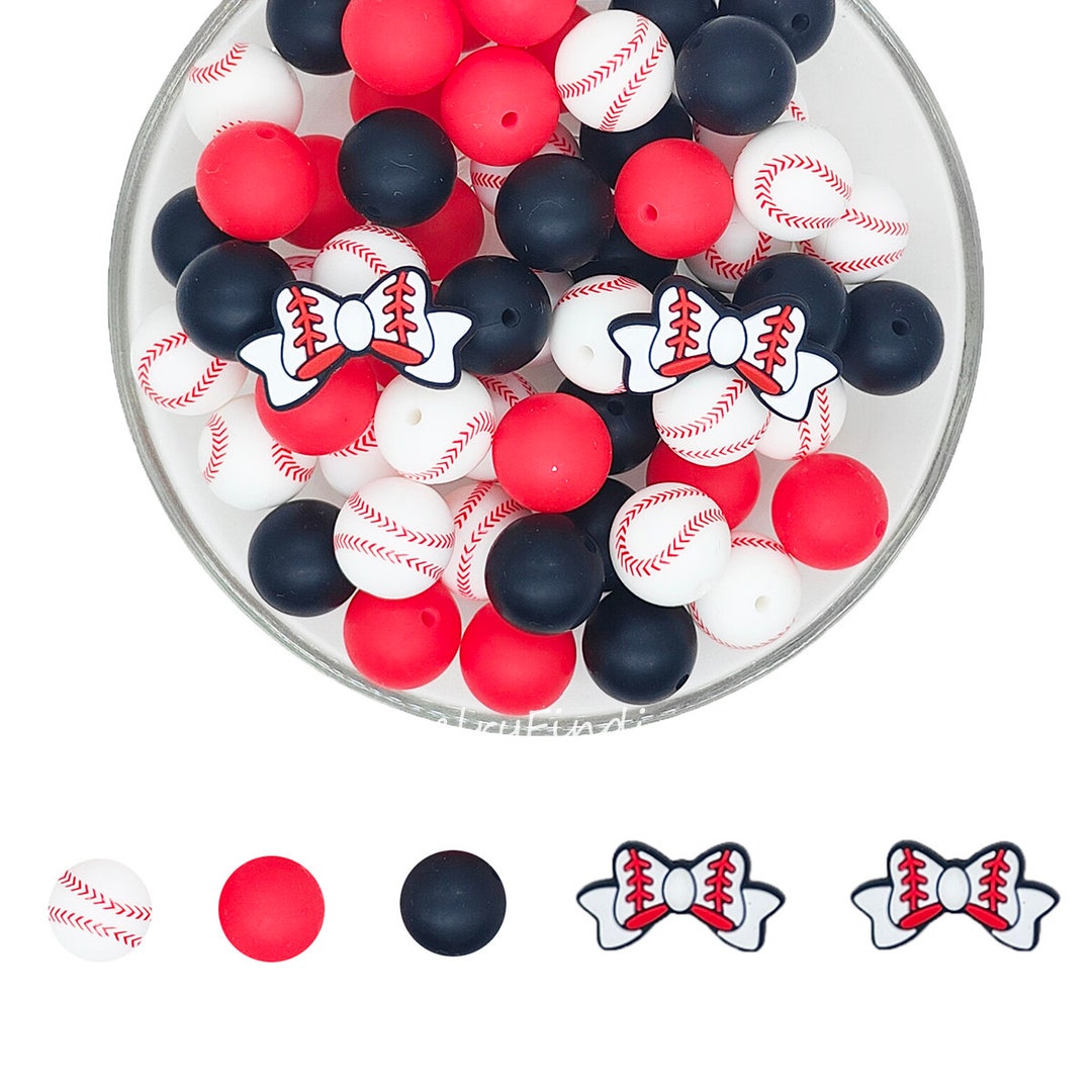 Baseball Focal Beads Mix 15mm Silicone Round Beads,baseball Print Beads ...