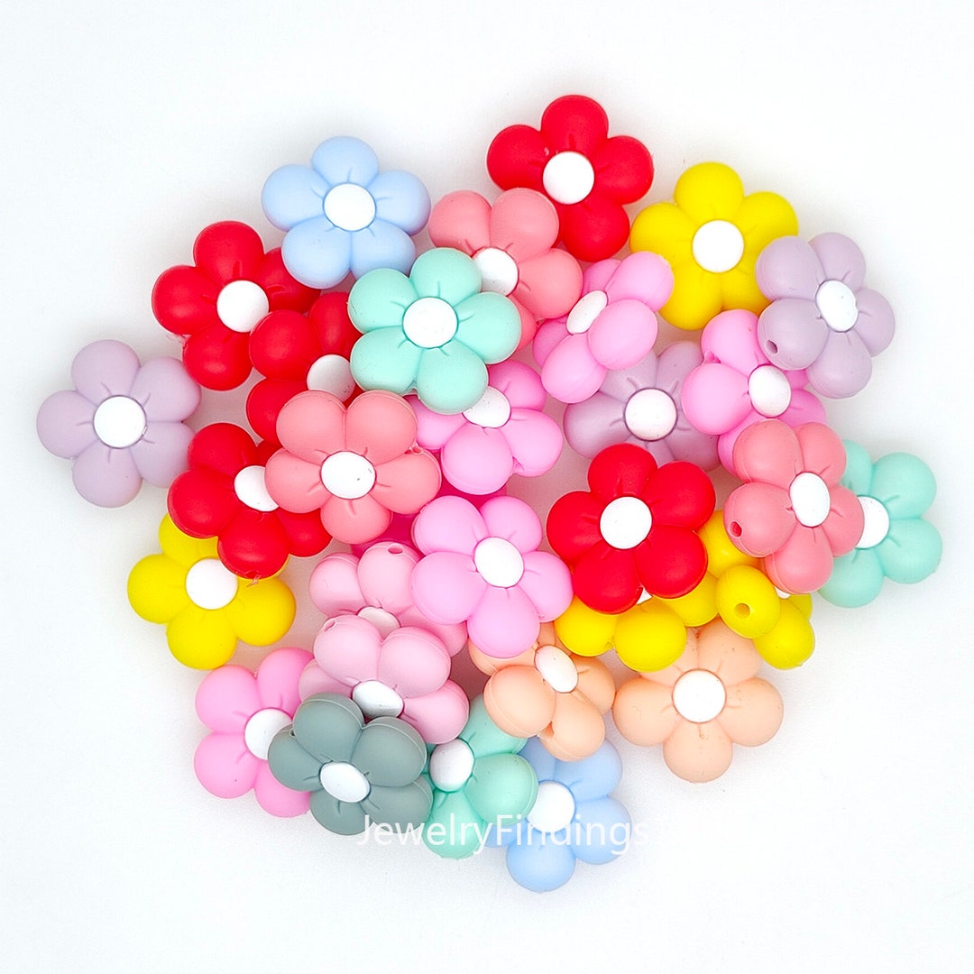 Flowers Shape Beads, 23mm, Random Mixed Color Silicone Beads, Bulk ...