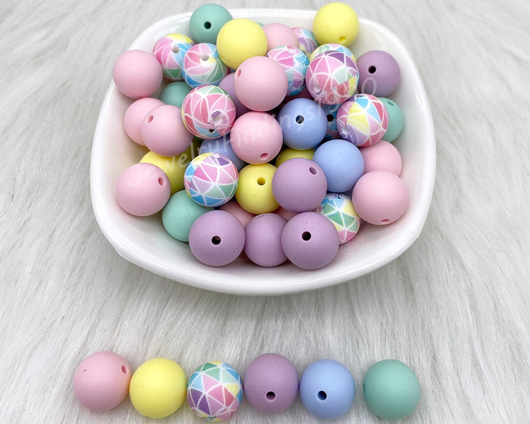 6 Colors Mixed Silicone Beads, 12/15mm Round Silicone Beads, Print ...