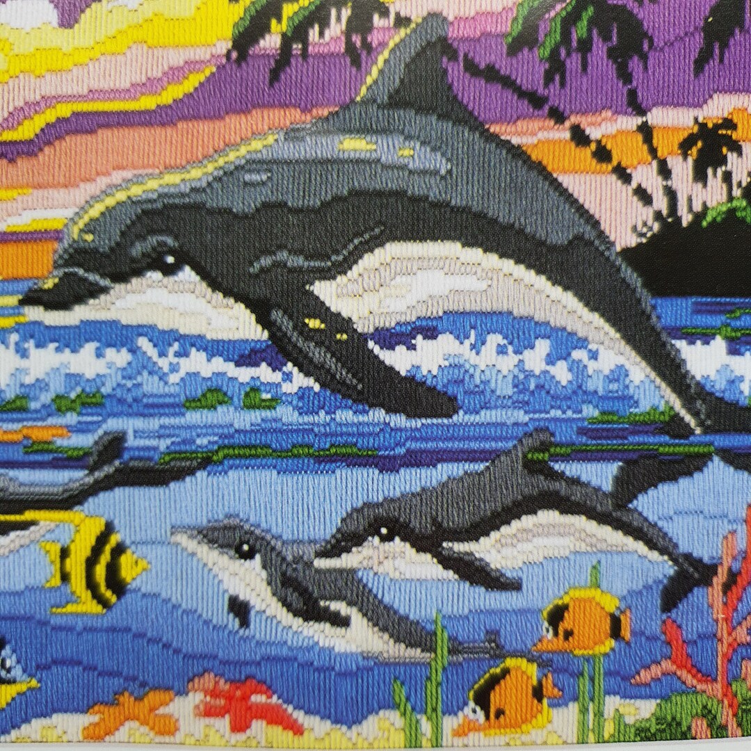 Large Tropical Long Stitch Kit, Dolphins Playing at Sunset, Vintage ...