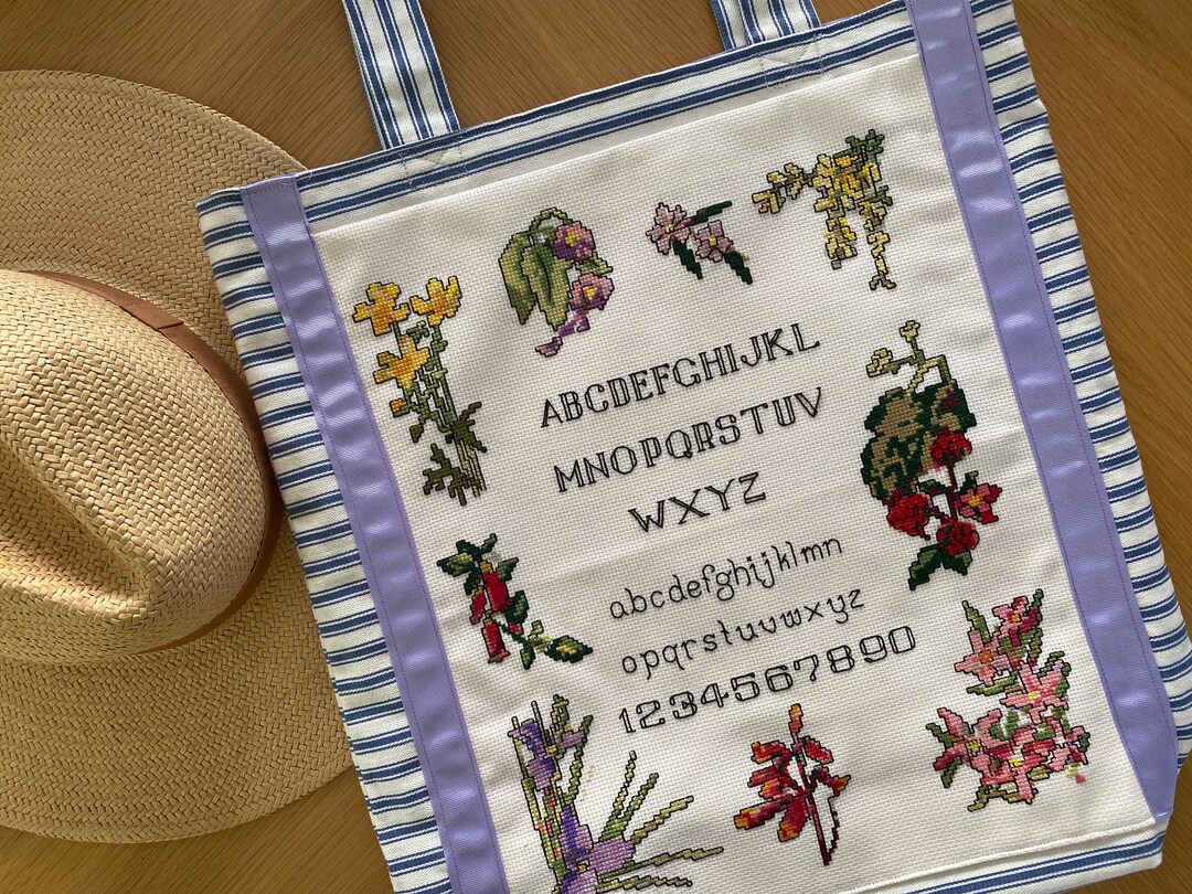Botanical Cross Stitch Tote Bag, Hand Embroidered, Alphabet Sampler ...