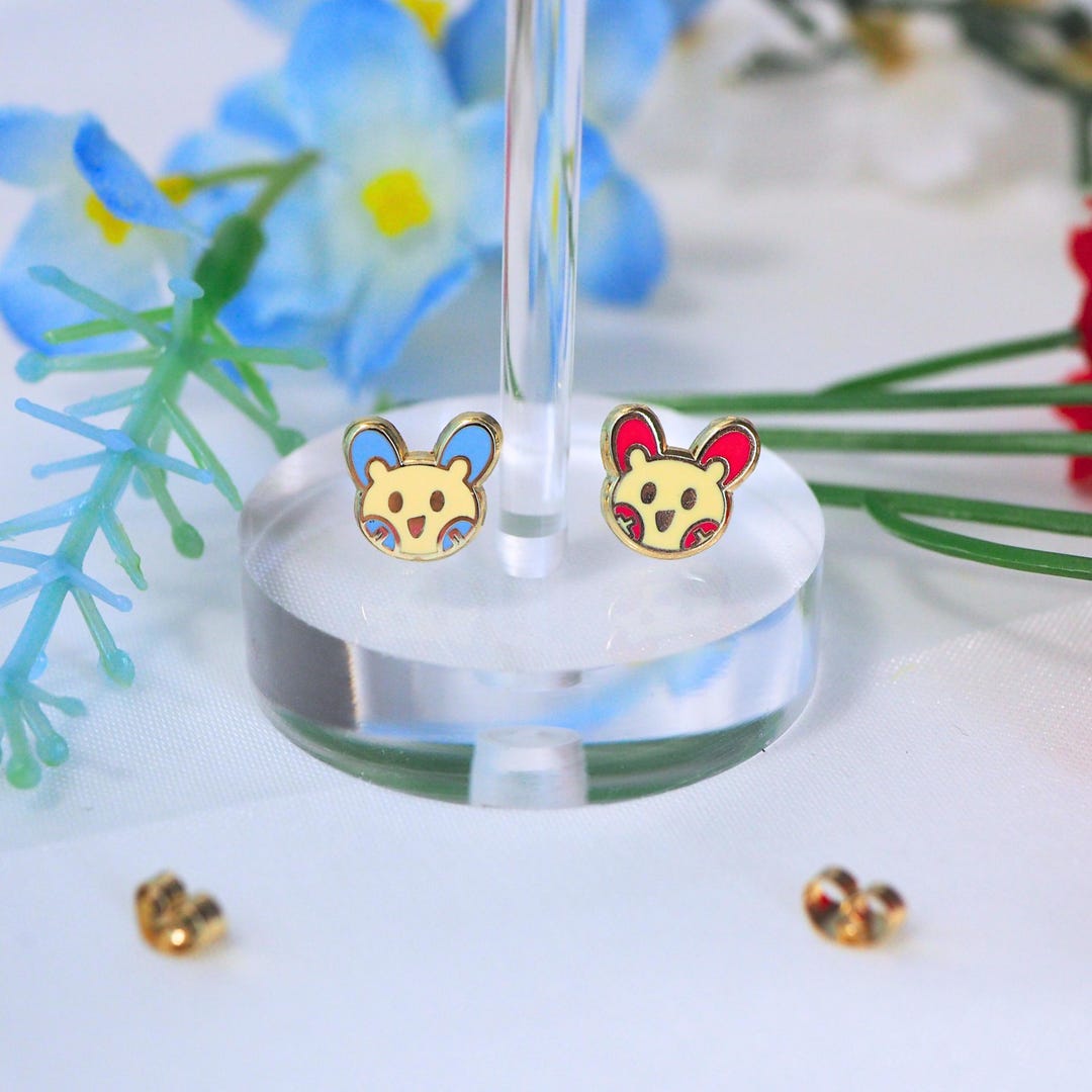 Red and Blue Electric Mouse Bunny, Gold Plated Stainless Steel Dainty ...