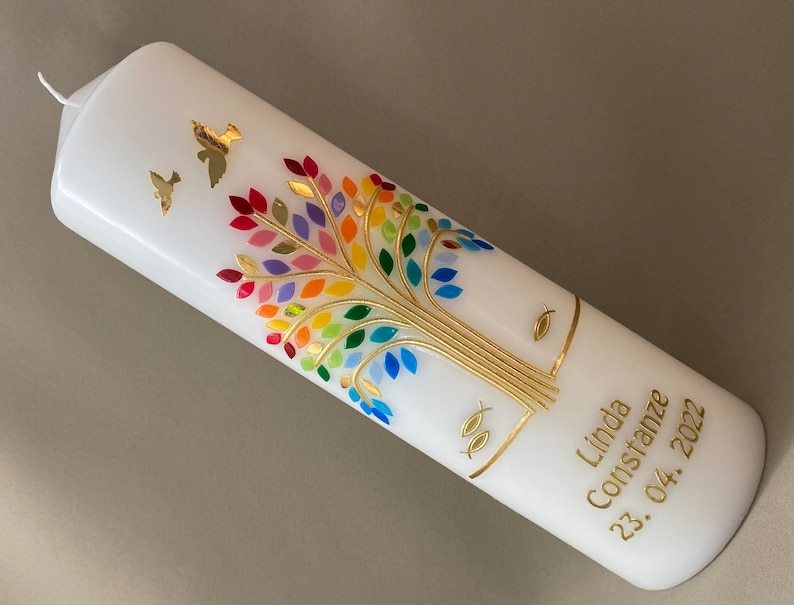 Candle Christening Tree of Life With Rainbow Leaves Doves - Etsy