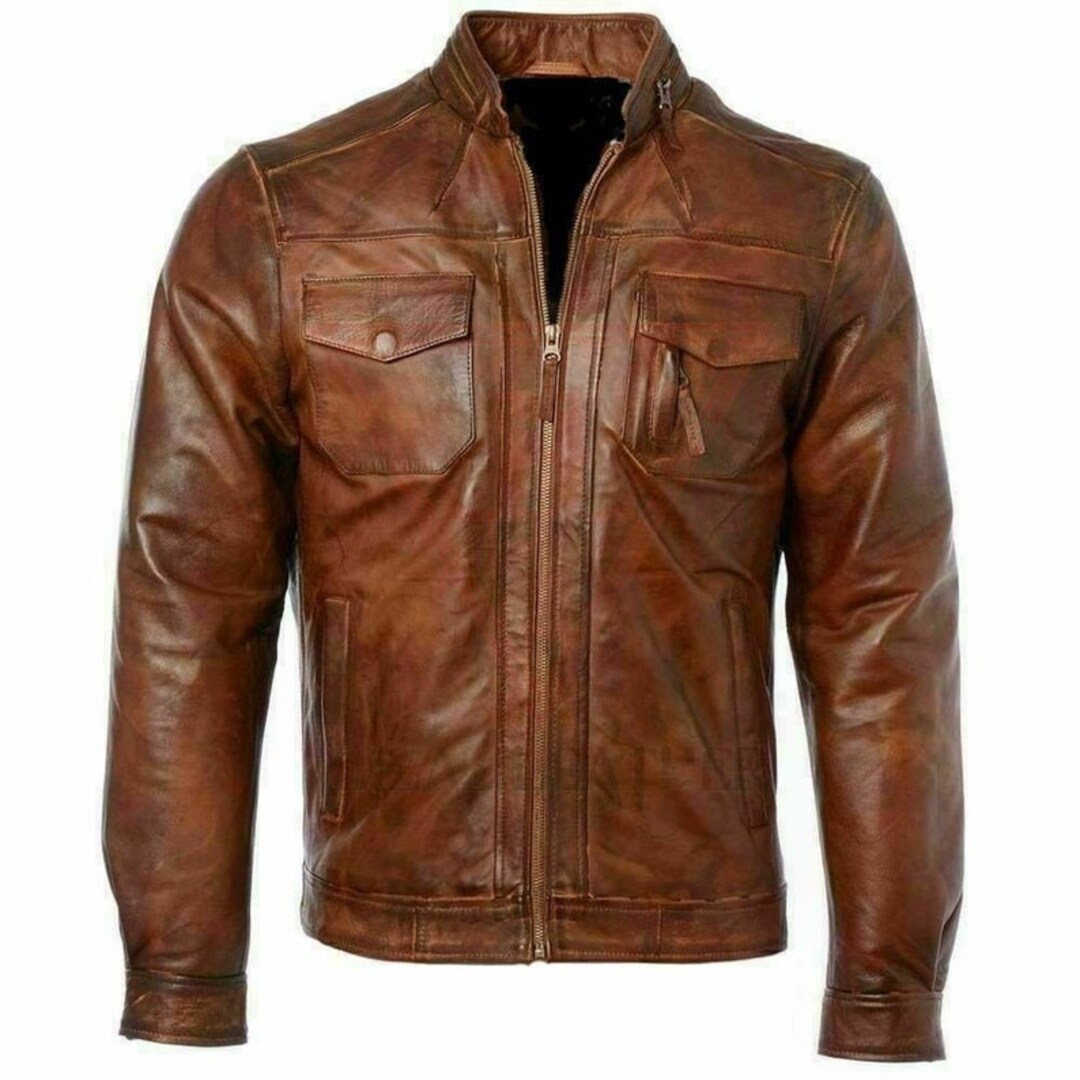 Retro Soft Edge Design Stretchy Men's Brown Real Leather Western Jacket ...