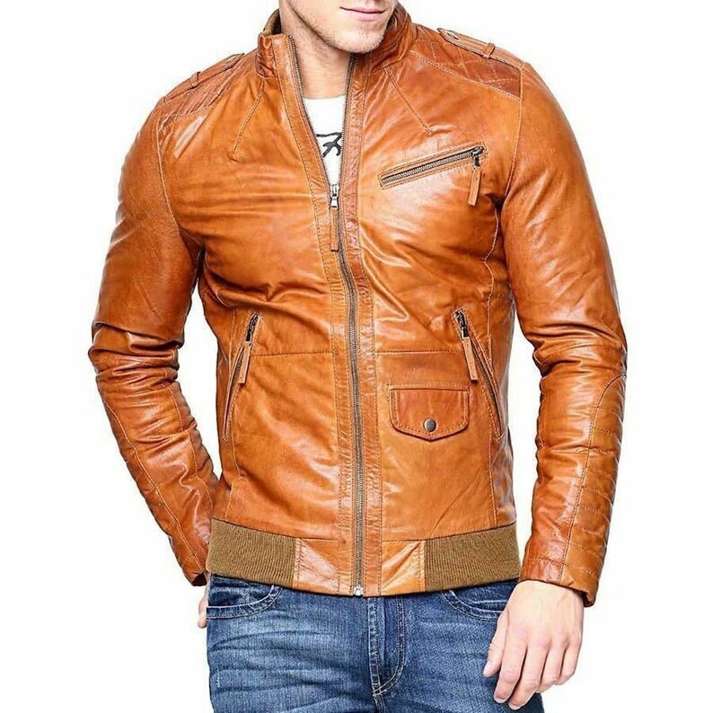 Men Real Lambskin Tan Brown Leather Motorcycle Slim Fit Biker Bomber Jacket Handmade - Etsy