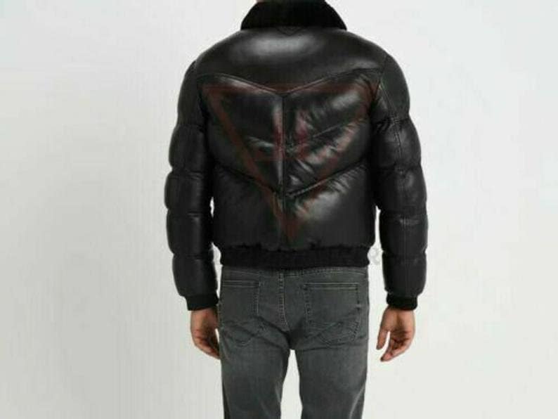 Men's Puffer Leather Jacket Black Fur Collar WARM Bomber - Etsy