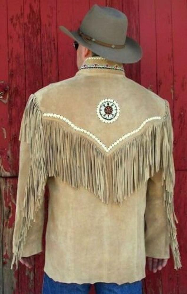 New Men's Native American Western Wear Beige Suede Leather Jacket ...