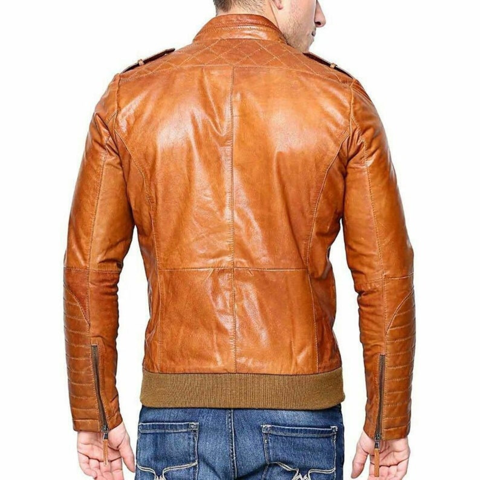 Men Real Lambskin Tan Brown Leather Motorcycle Slim Fit Biker Bomber Jacket Handmade - Etsy