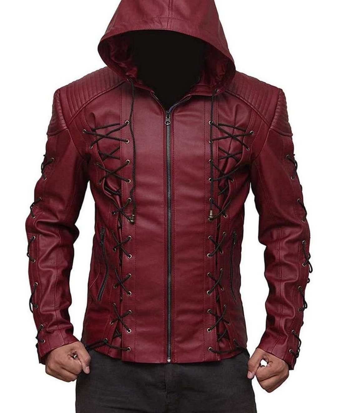 Arrow Inspired Red Hood Leather Jacket Handmade - Etsy