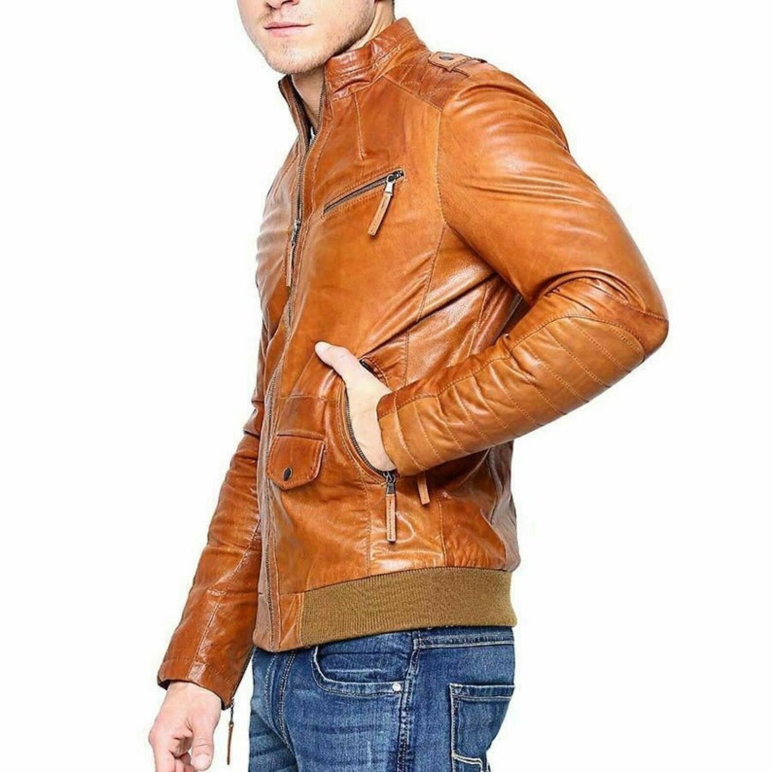 Men Real Lambskin Tan Brown Leather Motorcycle Slim Fit Biker Bomber Jacket Handmade - Etsy