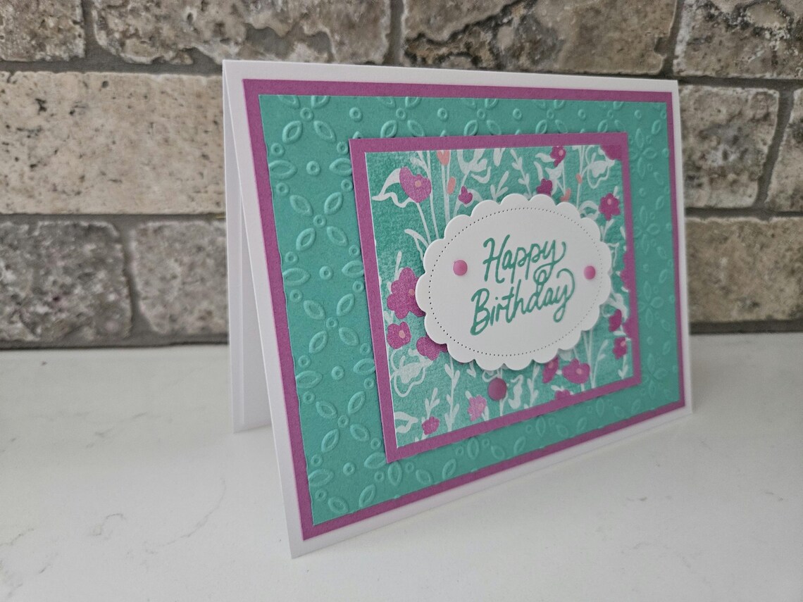 Green and Violet Embossed Floral Birthday Card - Stampin up - Handmade ...