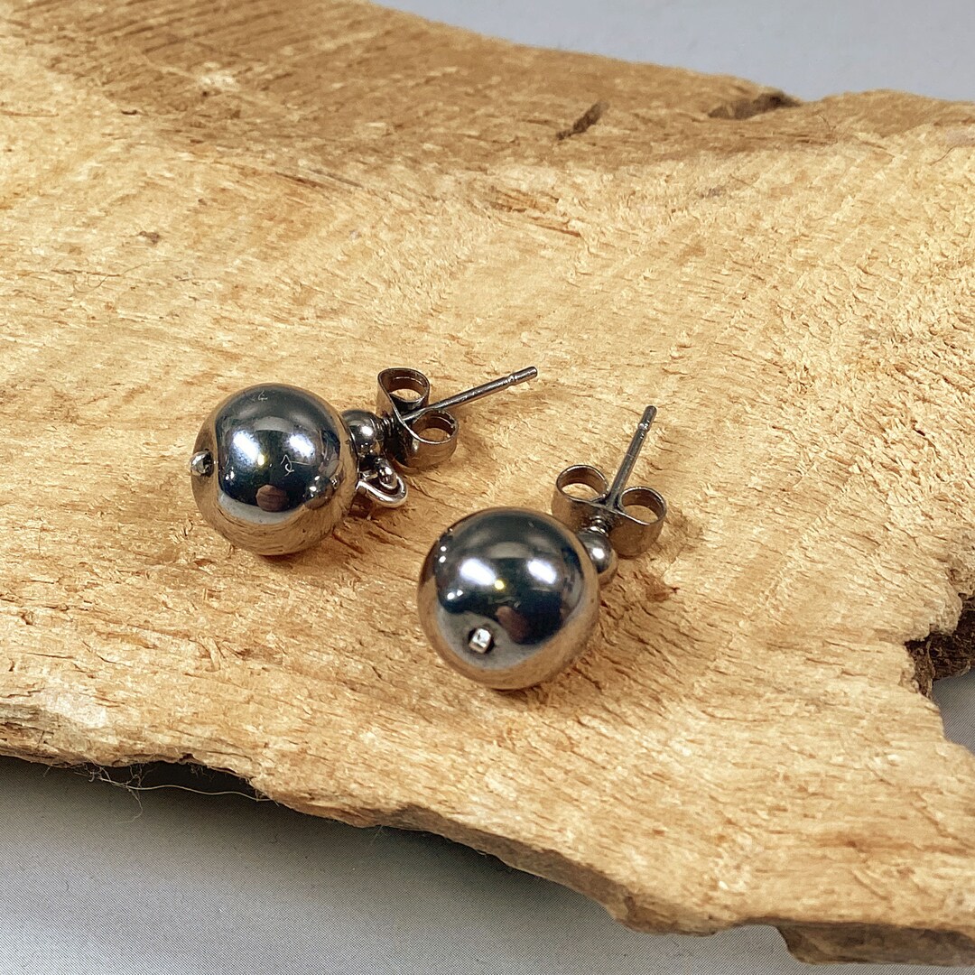 Round Natural Hematite Stone Studs Earrings Metallic Silver Big Beads 8 Mm Studs Chakra ...