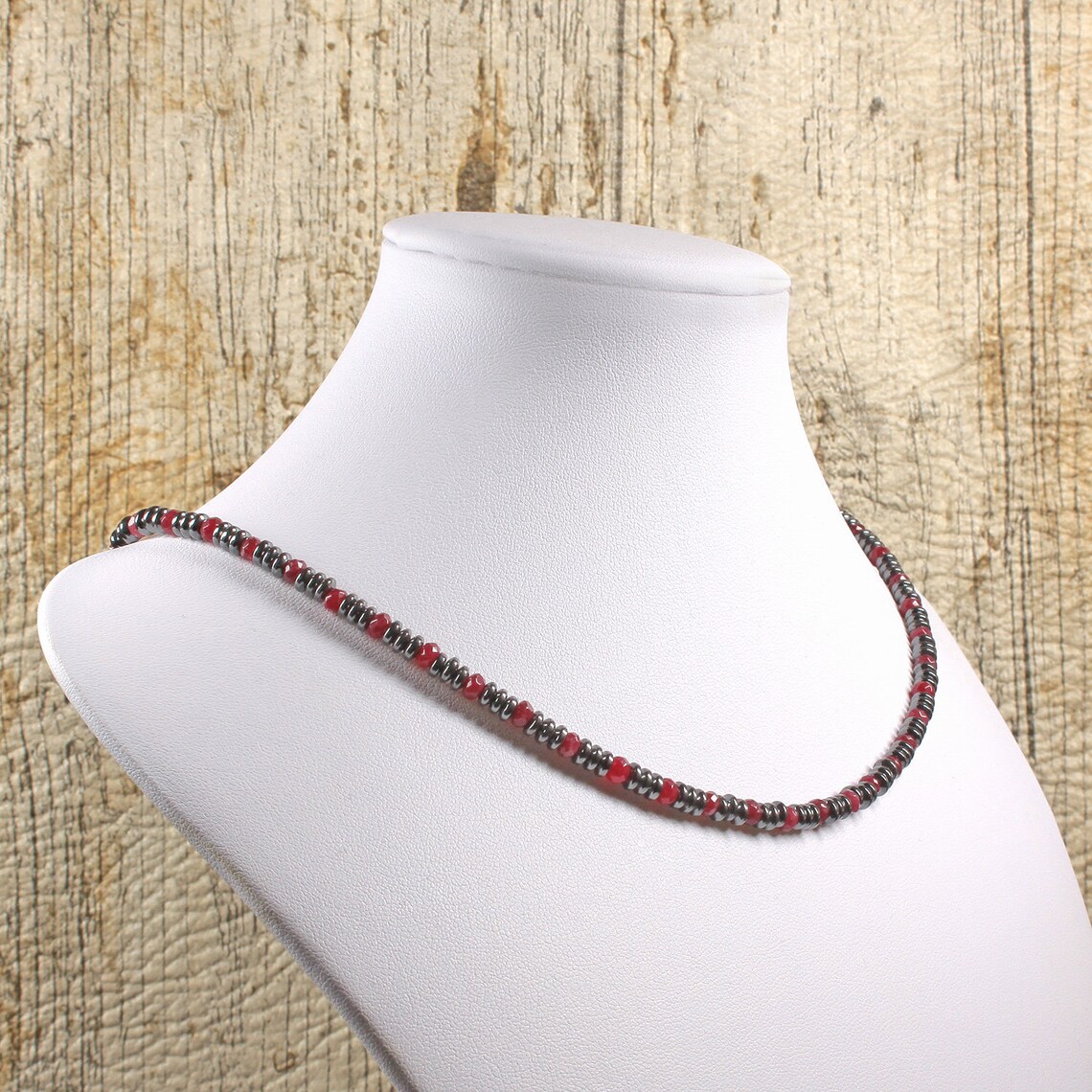 Mens Beaded Short Necklace Ruby Red Hematite Black Stone, Thin Necklace ...