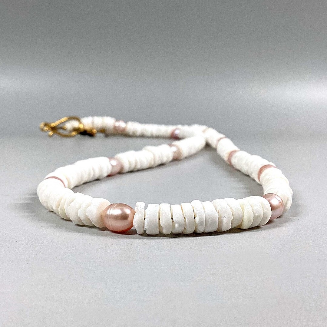 White Puka Shell Choker: Rose Pearl Boho Necklace - Etsy