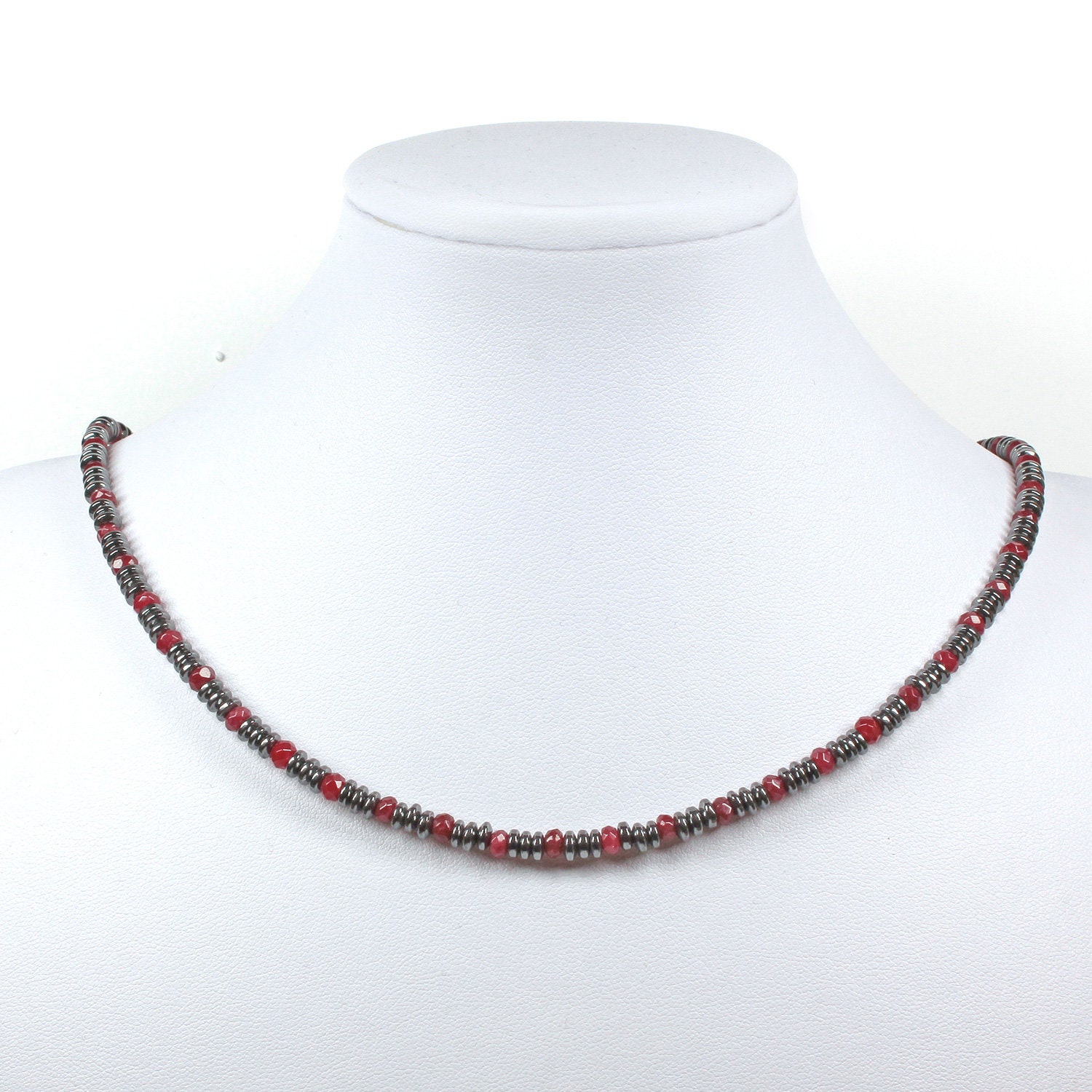 Mens Beaded Short Necklace Ruby Red Hematite Black Stone, Thin Necklace ...