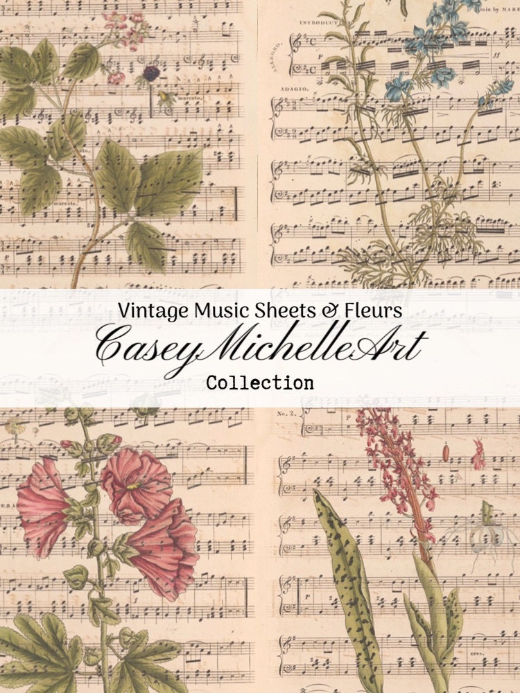 Music Sheets With Flowers Vintage for Journals, Scrapbooks and Paper ...
