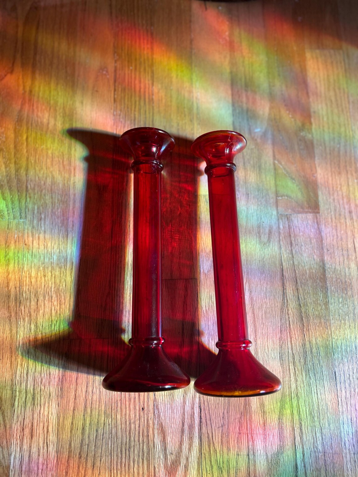 Pair Italian Glass Scala Red Amberina Candlestick Pillar Candle Holder ...