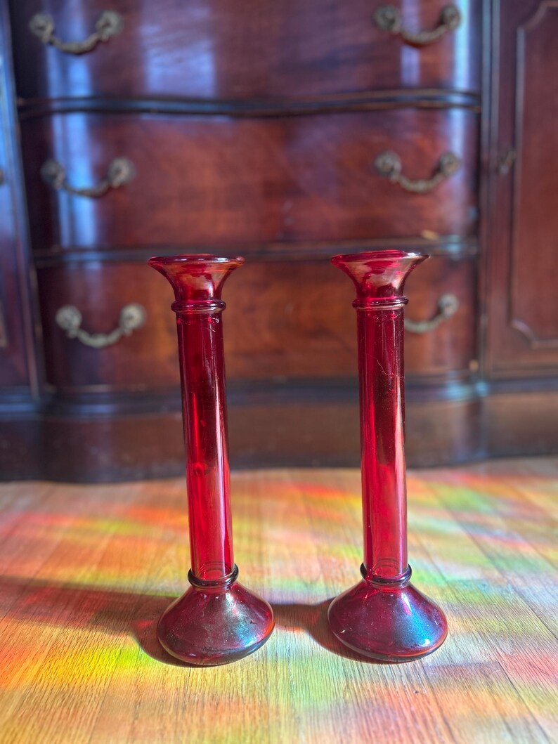Pair Italian Glass Scala Red Amberina Candlestick Pillar Candle Holder ...