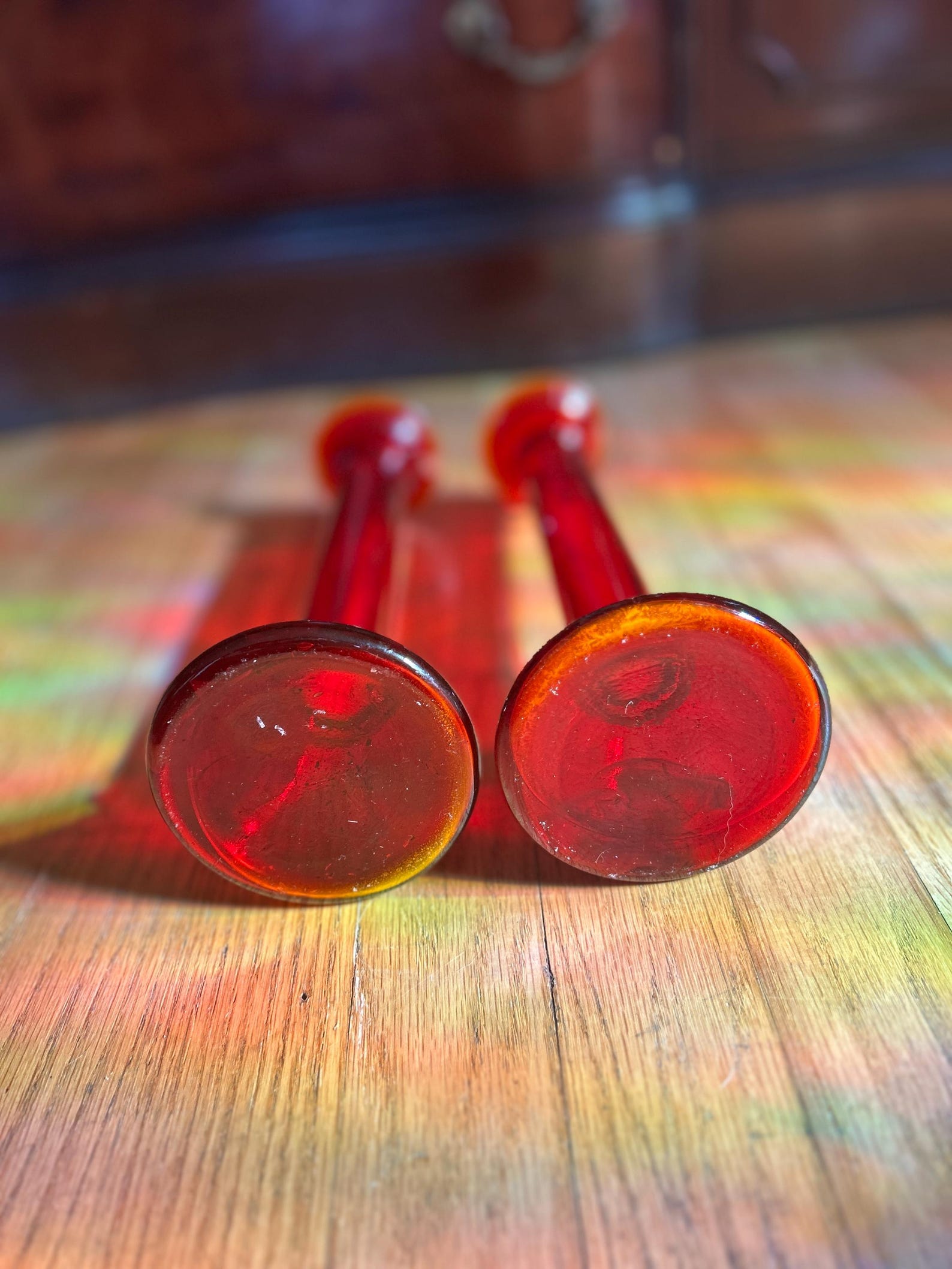 Pair Italian Glass Scala Red Amberina Candlestick Pillar Candle Holder ...