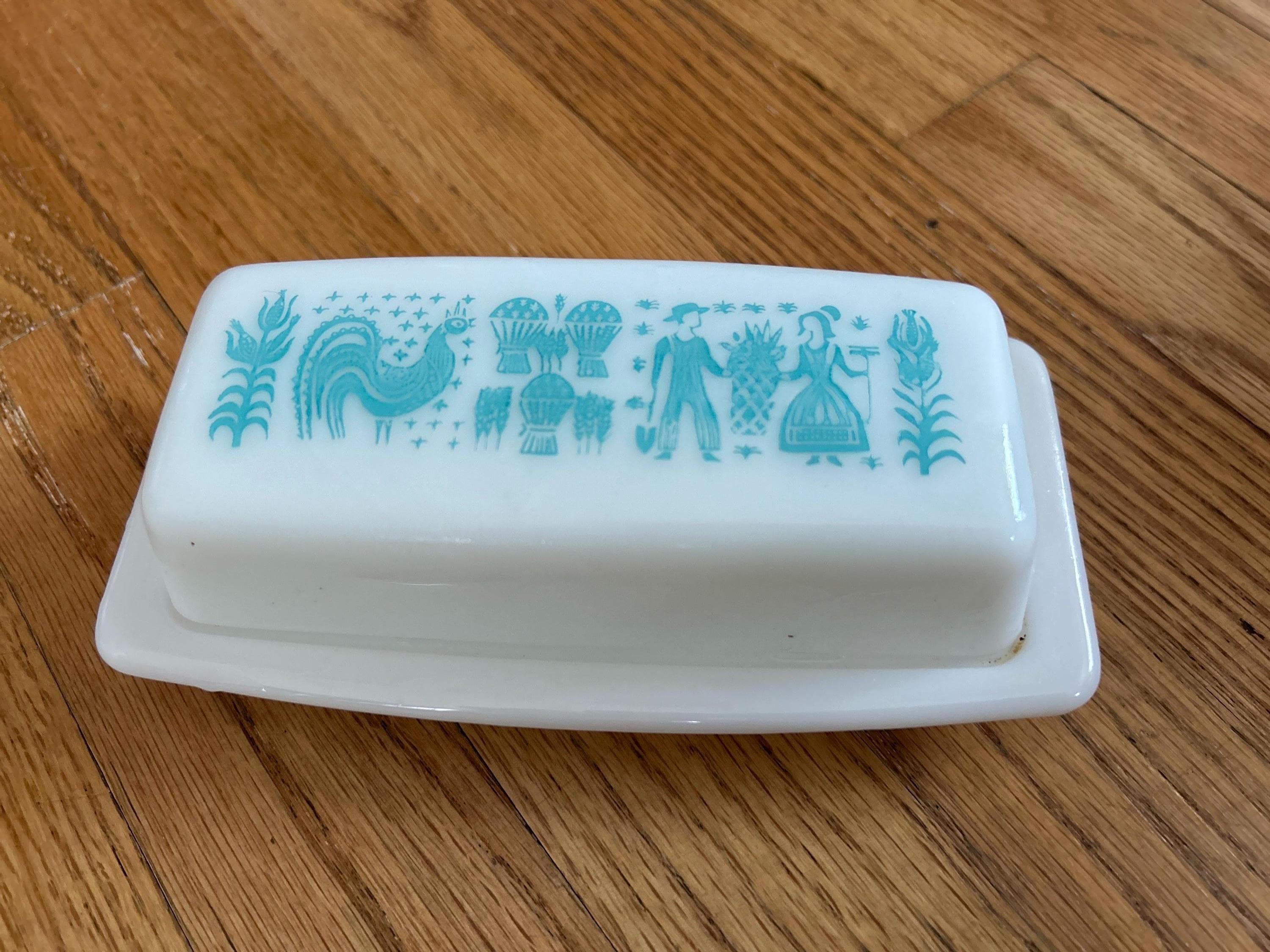 Vintage PYREX Amish Butterprint Butter Dish Turquoise on Whitemilk ...