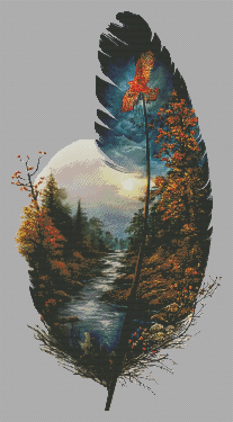 Feather Landscape Cross Stitch Pattern PDF | Autumn River and Mountains ...