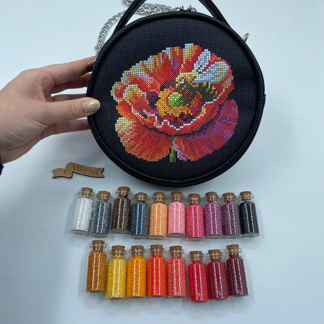 Beaded Embroidery Bag Kit "red Flower" | Round Faux Leather Crossbody ...