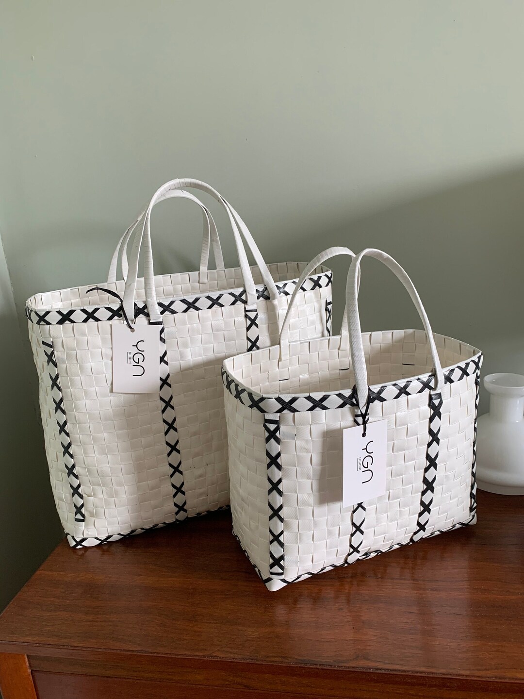 Upcycled Shopping Basket in White Criss Cross Summer Basket Handmade in ...