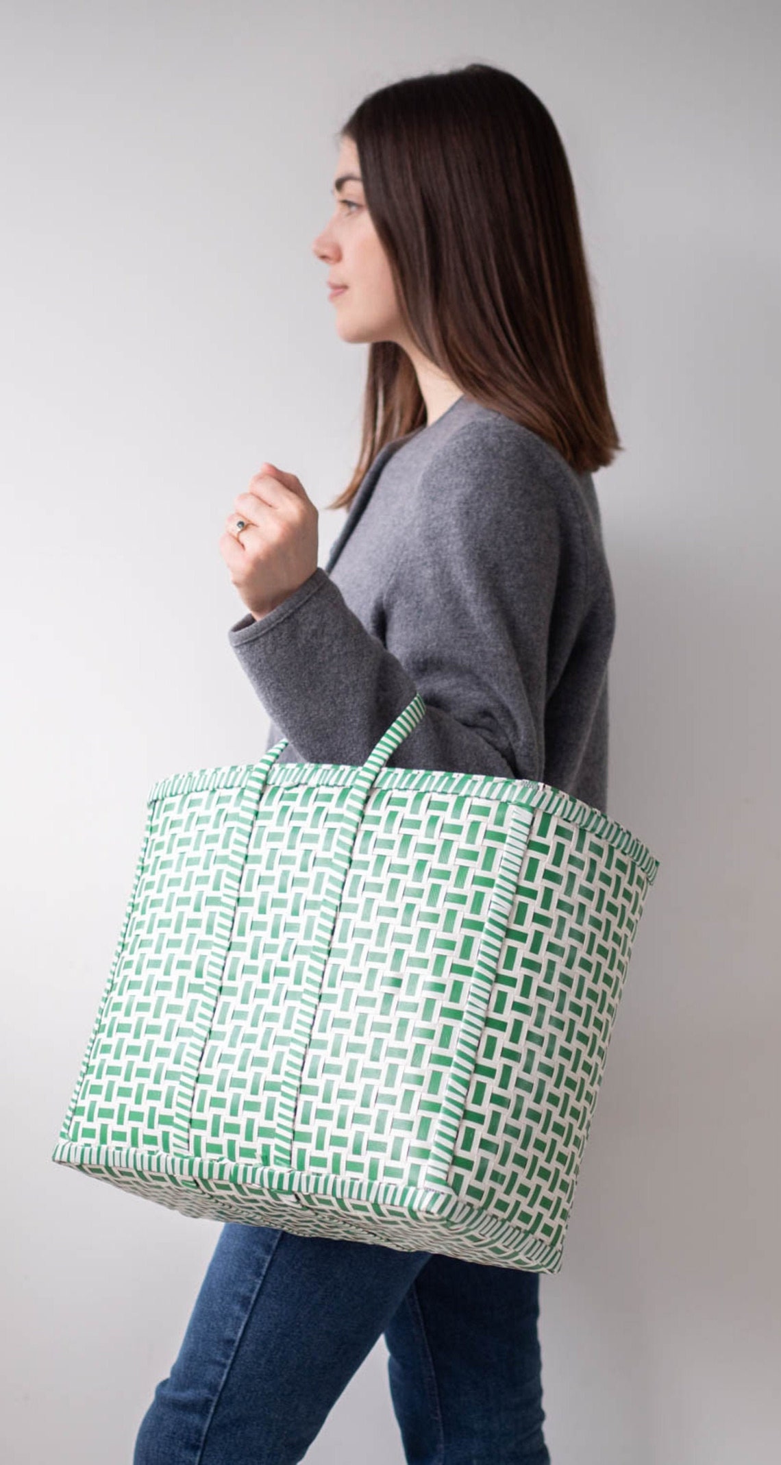 Handwoven Upcycled Shopping Basket in Fresh Green and White - Etsy UK