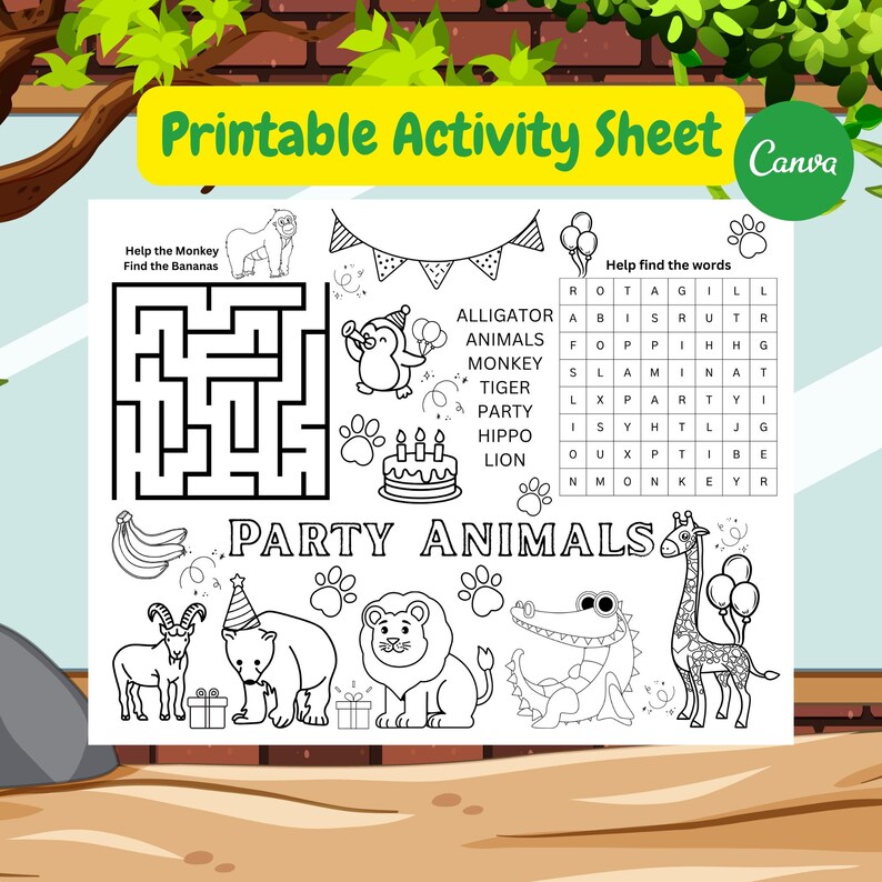 Party Animal Activity Sheet Printable, Birthday Game Pack for Kids, Zoo ...