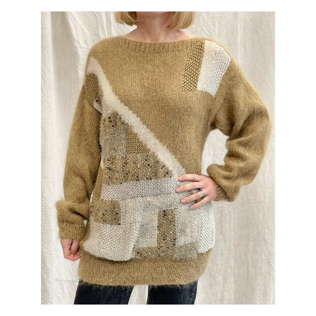 Handknit Anny Blatt Moxed Fibre Knit Longline Jumper Wool Mohair Pullover Beige Brown - Size ...