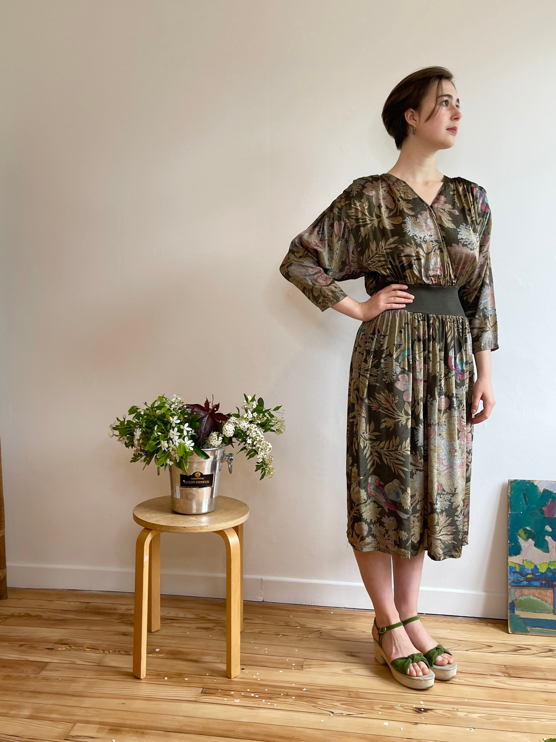 Vintage rene Derhy Paris 1980s Khaki Botanical Bird Print Sundress ...