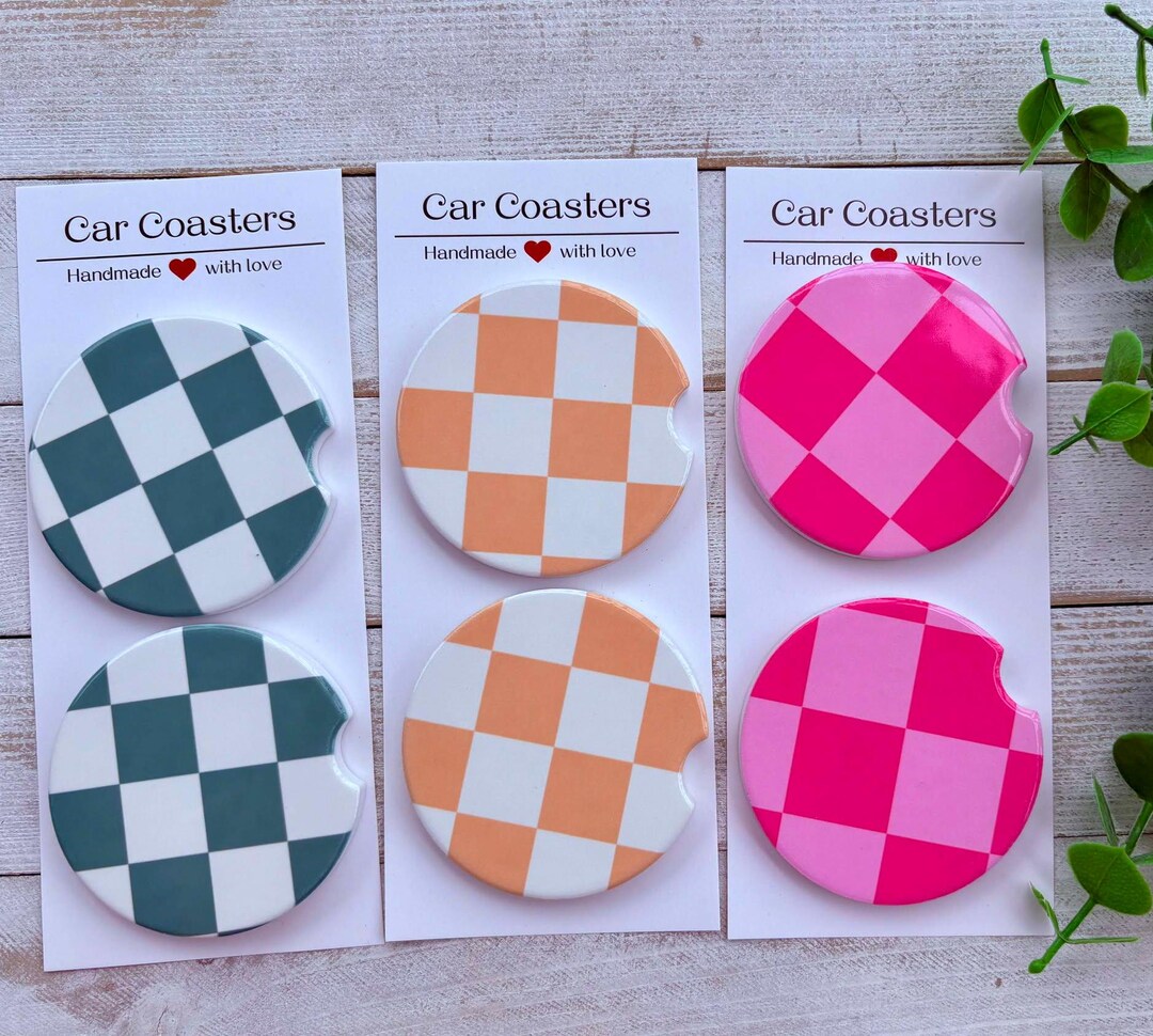 Checkered Ceramic Car Coasters, Set of 2 - Etsy