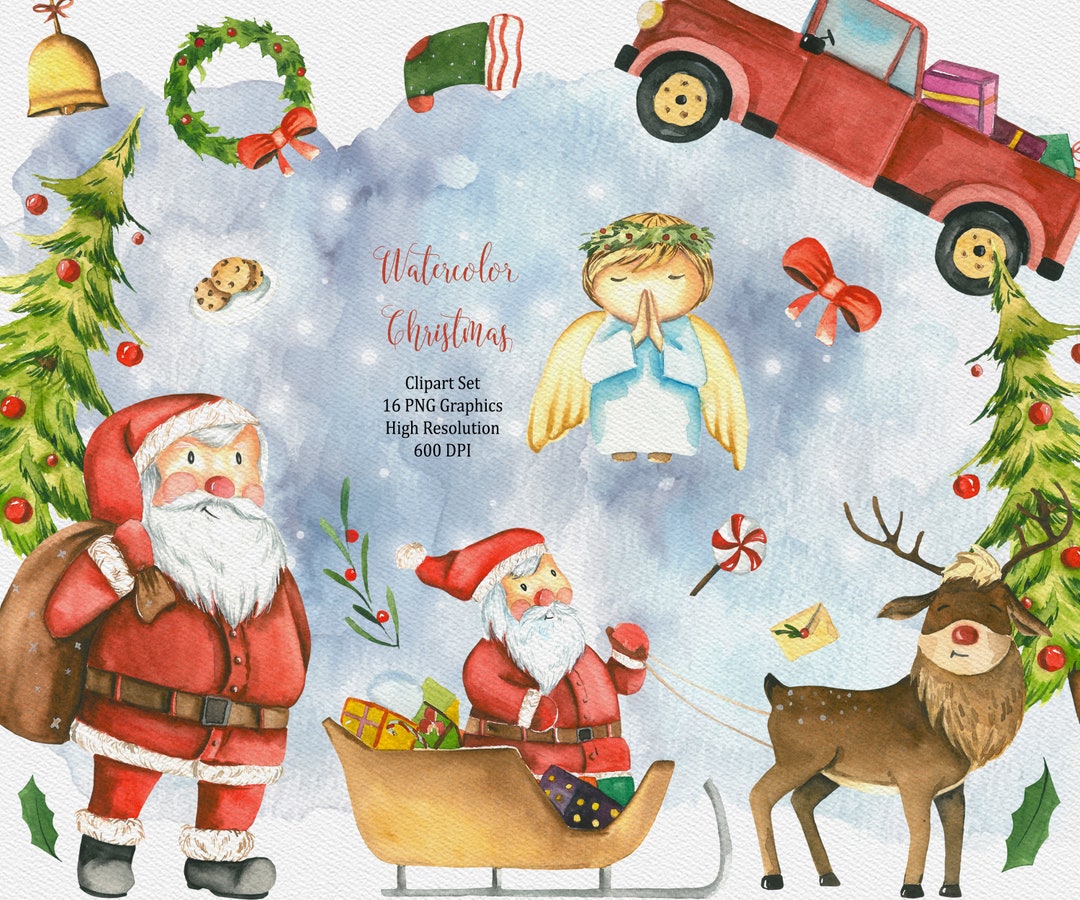 Watercolor Christmas Clipart Set, Cute Santa Claus Clipart, Winter ...