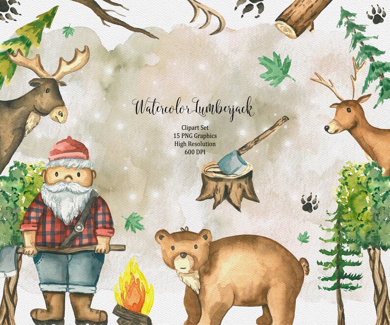 Watercolor Lumberjack Clipart Set, Woodland Animals Clipart, Reindeer ...
