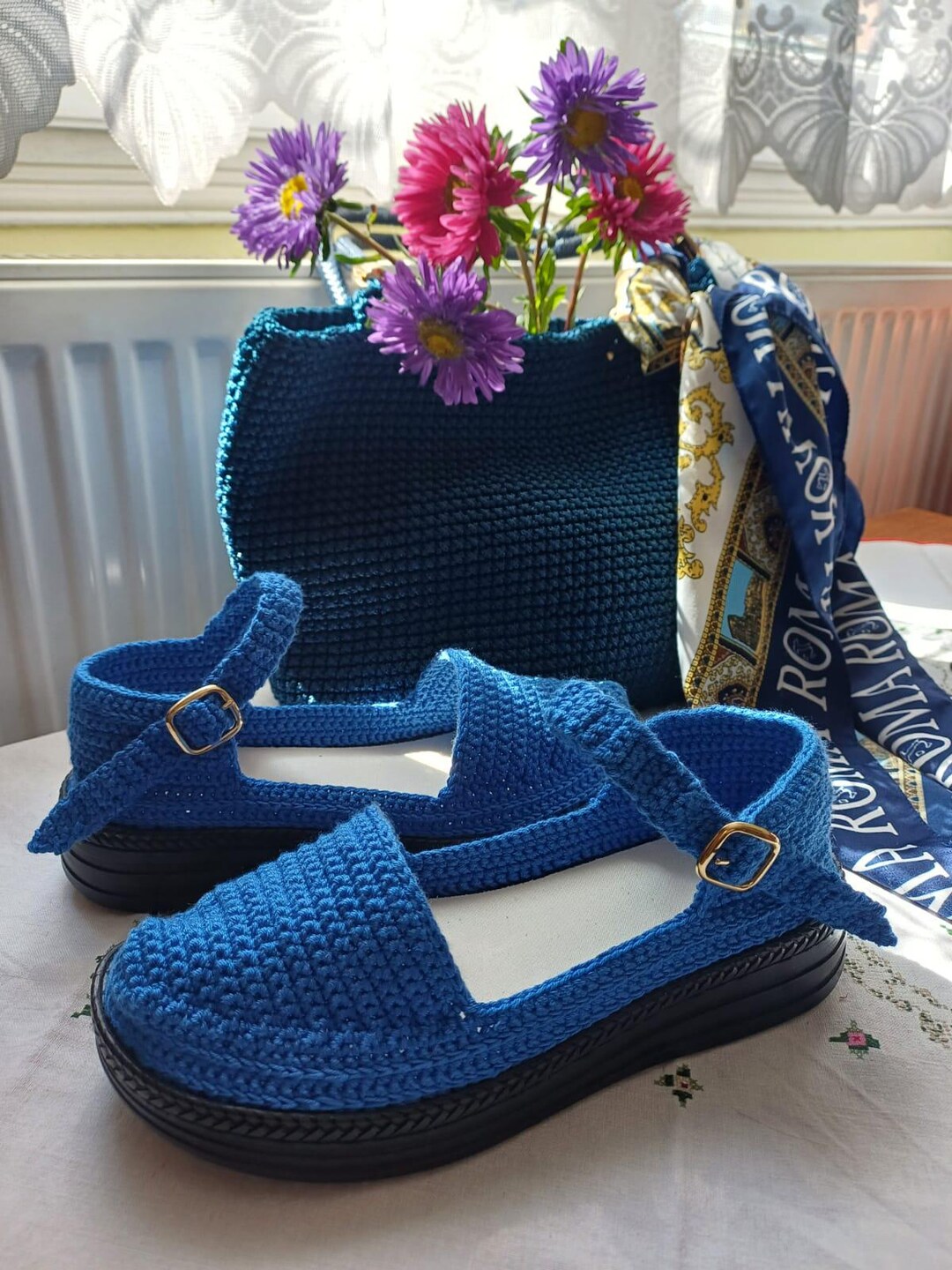 Handmade Crochet Sandals: Royal Blue Summer Shoes With Adjustable Strap ...