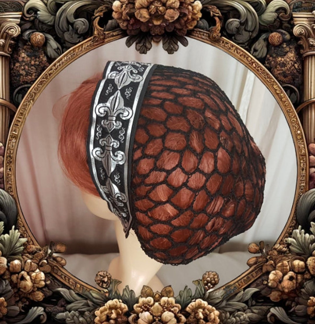 Vintage Set Hairnet With Hairband Black, Fleur De Lis Silver in ...