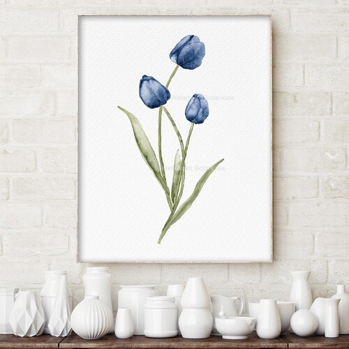 Blue Tulips Painting Blue Flower Print Blue Floral Wall Art - Etsy