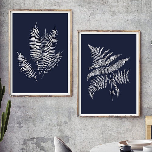 Navy Blue Watercolor Fern Set of 2 Prints Botanical Print Leaf | Etsy