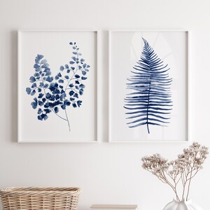 Navy Blue Watercolor Fern Set of 2 Prints Botanical Print Leaf Nature ...